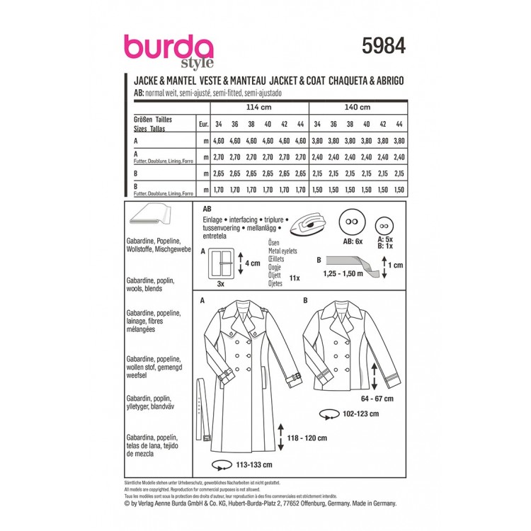 Patron Burda 5984 - Veste caban / trench coat